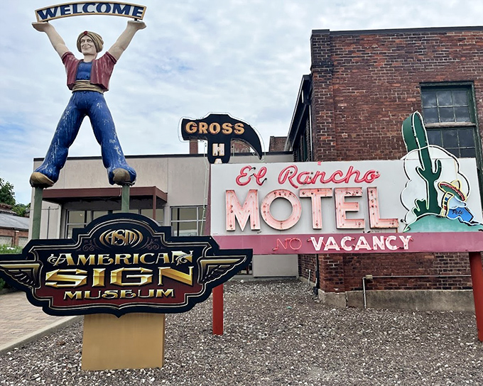 A celebration of Americana at its brightest, the American Sign Museum's entrance showcases classic neon signage including the iconic El Rancho Motel sign that once lit up highways.