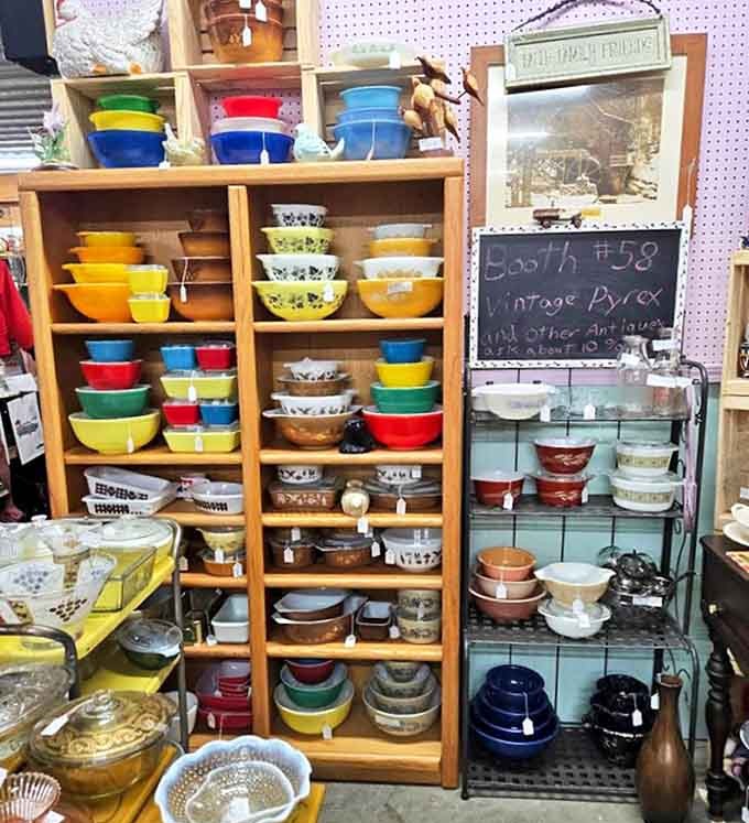 The vibrant colors of vintage glassware catch the light like jewels – Depression glass that once brightened tables during America's darkest economic times.