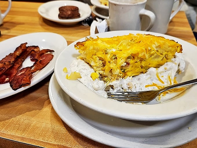 This hearty farmer's breakfast with eggs, bacon, and hash browns doesn't just feed your stomach &ndash; it feeds your soul with nostalgic comfort.