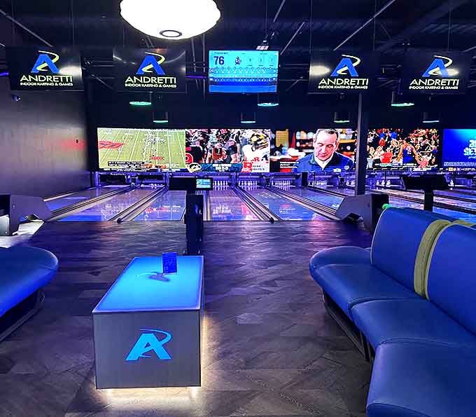 The boutique bowling experience at Andretti features plush seating and atmospheric lighting &ndash; finally, bowling that doesn't smell like rental shoes and disappointment.