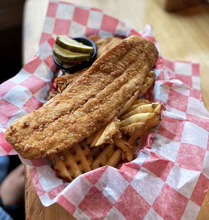 That crispy coating shatters to reveal tender, flaky fish that actually tastes like it came from a lake, because it did.