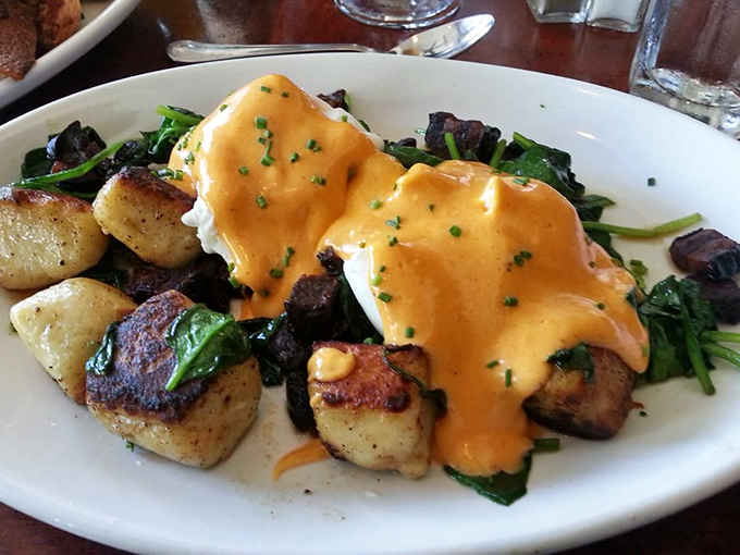 A symphony of textures &ndash; crispy-edged gnocchi, wilted spinach, and bacon bits create the perfect landing pad for those glorious poached eggs.