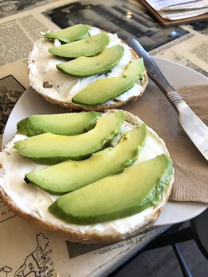 Avocado and cream cheese on a fresh bagel &ndash; nature's perfect partnership on Maine's perfect bread circle.