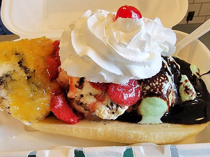 The banana split that launched a thousand diet cheat days – a symphony of flavors nestled in nature's perfect dessert vessel.