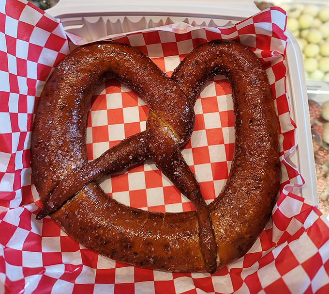 This isn't your ballpark pretzel! The Bavarian twisted beauty sits regally on checkered paper, glistening with salt crystals, waiting to deliver that perfect chewy-soft bite.
