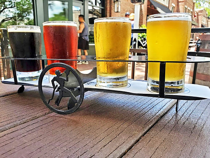 The beer flight – civilization's greatest invention since sliced bread. Four different brews let you sample your way through Crooked Can's offerings.