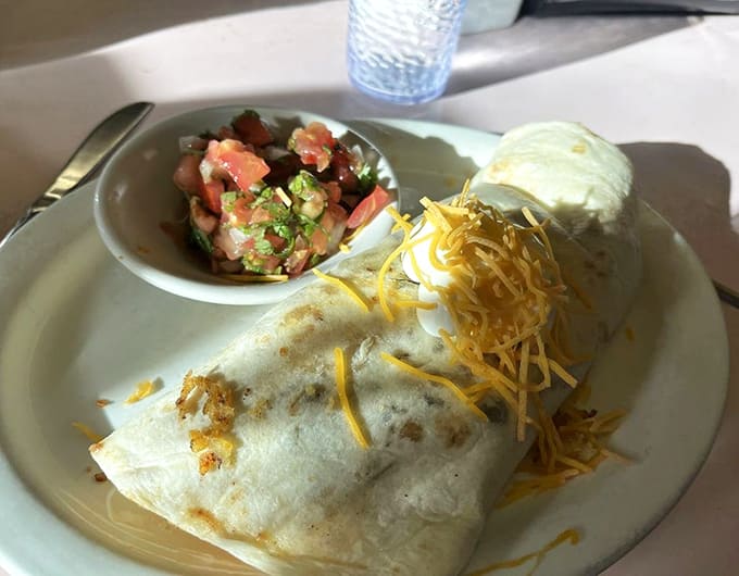 The breakfast burrito arrives stuffed and ready for action, accompanied by fresh salsa that adds just the right amount of kick to your morning.