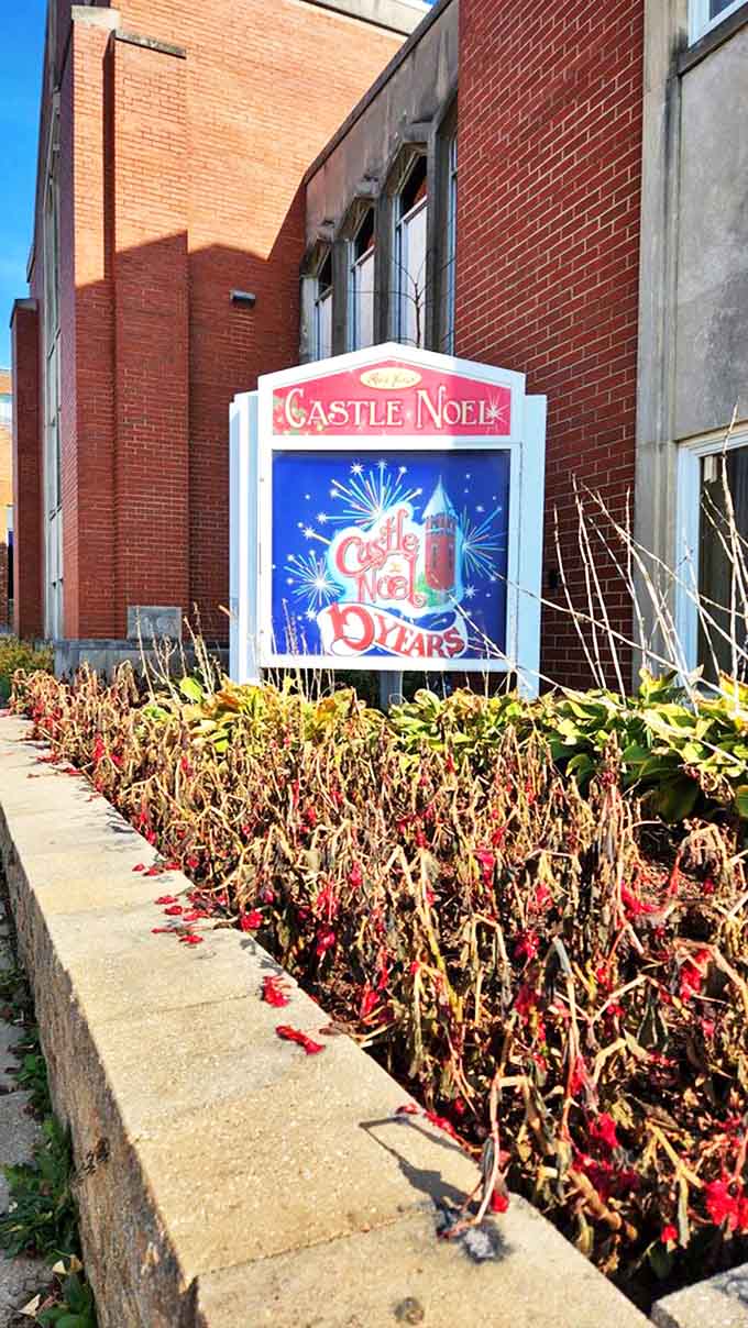 The Castle Noel sign promises "9 Years" of Christmas magic, standing as a beacon for holiday enthusiasts regardless of the season.