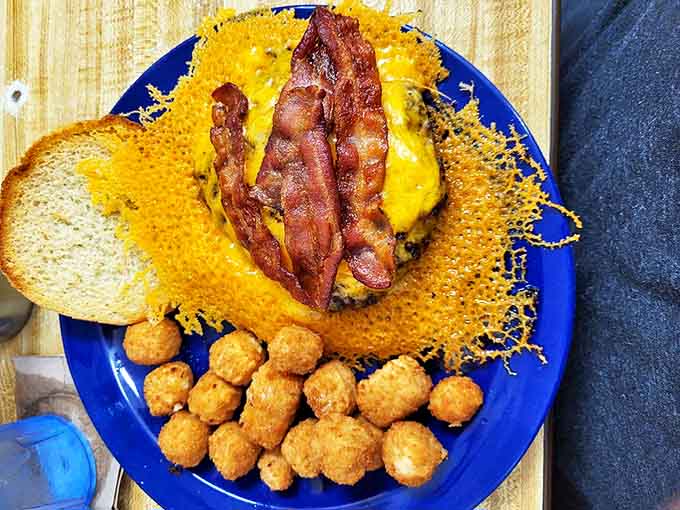 The double cheeseburger comes with pepper jack cheese balls because sometimes regular fries just aren't enough indulgence.