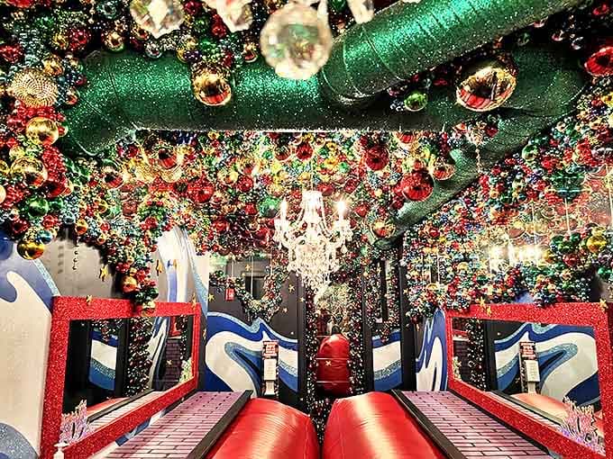 The ceiling drips with holiday magic &ndash; like being inside a Christmas snow globe designed by Liberace after three eggnogs.
