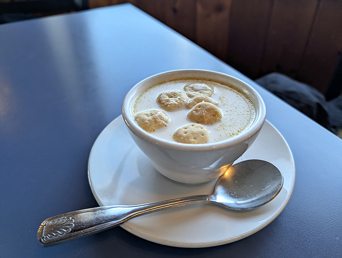 A proper New England clam chowder with bobbing oyster crackers &ndash; creamy without being heavy, each spoonful revealing tender clams and potatoes.