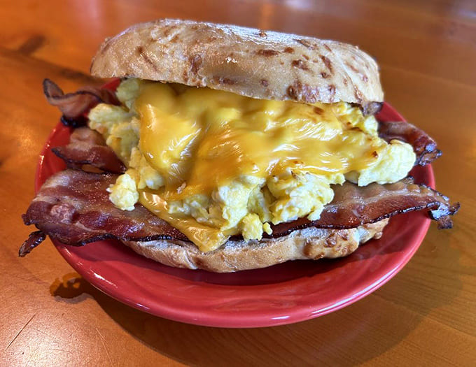 This breakfast bagel sandwich means business, loaded with enough bacon and eggs to power you through whatever the highway throws at you.
