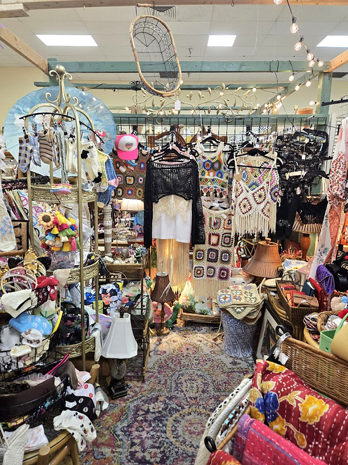 Vintage fashion meets bohemian flair with crocheted tops and flowing dresses that would make Stevie Nicks proud.