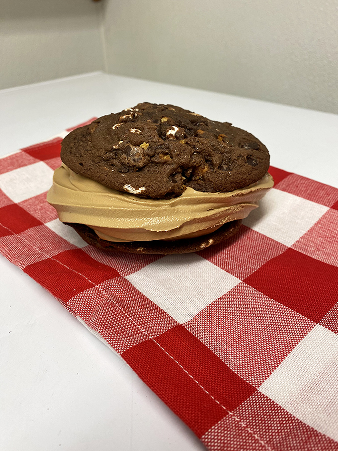 Cookie sandwich nirvana: two chocolate chip discs embracing creamy filling, solving the eternal dessert dilemma with delicious diplomacy.