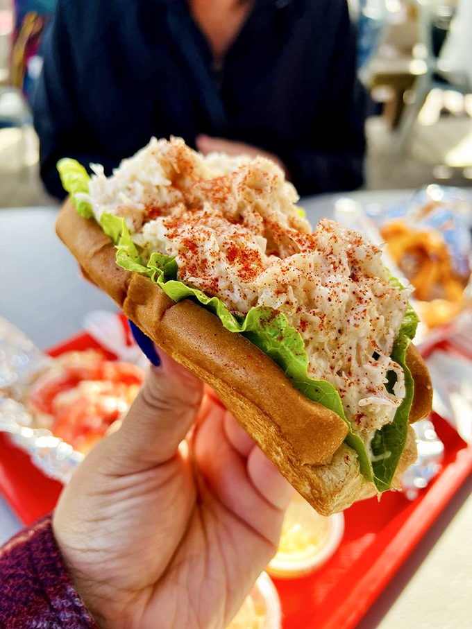 A close-up of lobster roll perfection &ndash; chilled meat, crisp lettuce, and that signature sprinkle of paprika adding a pop of color.