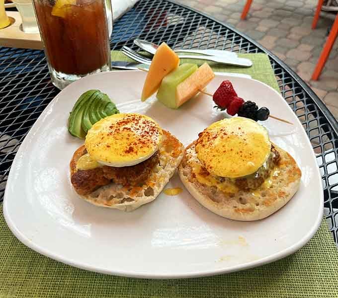 Eggs Benedict done right, with perfectly poached eggs and hollandaise that would make the French nod in approval, maybe even smile.