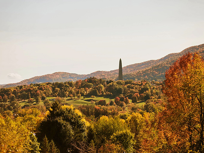 The Bennington Battle Monument peeks through golden foliage, a stone sentinel watching over Vermont's spectacular autumn transformation.