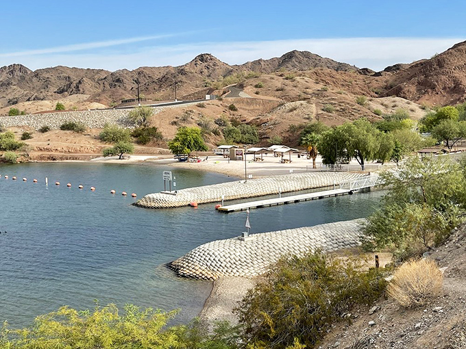The swimming area's floating dock invites visitors to plunge into crystal clear waters &ndash; nature's perfect air conditioning in the Arizona heat.