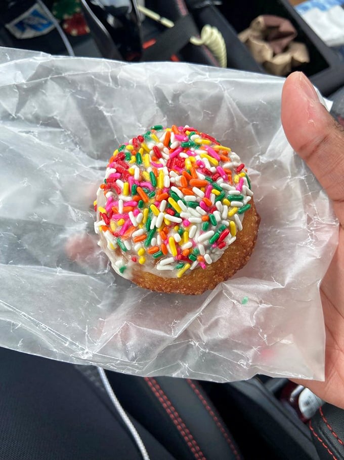 Rainbow sprinkles dancing atop golden-fried perfection&mdash;this donut doesn't just brighten your plate, it practically guarantees a good day ahead.