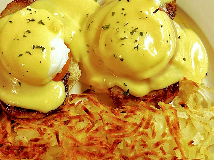 Eggs Benedict that could make a grown man weep. Perfectly poached eggs perch atop a throne of Canadian bacon, crowned with silky hollandaise.