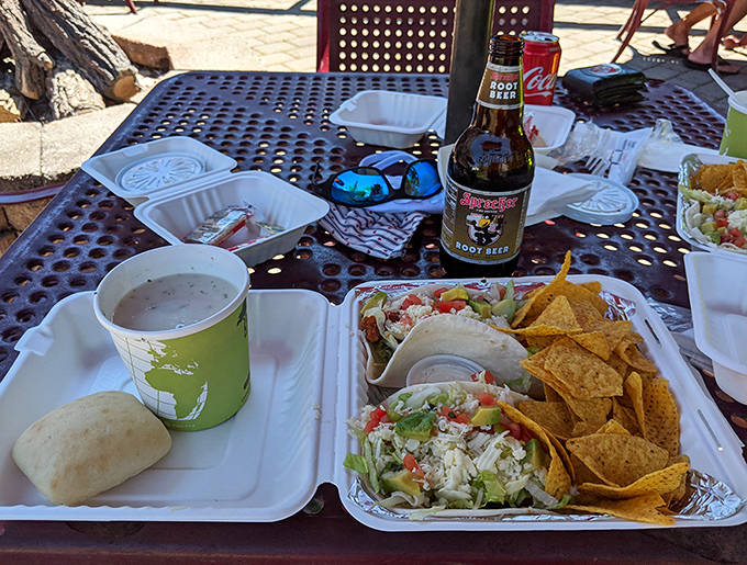 A complete meal deal: crispy fish tacos paired with a steaming cup of chowder &ndash; comfort food elevated by Lake Superior's bounty.
