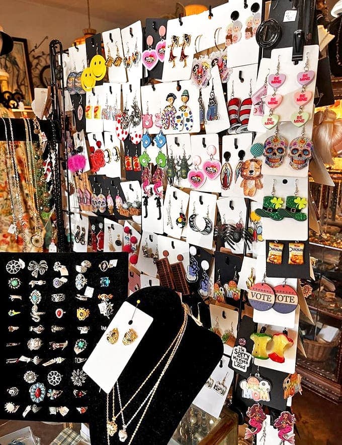 A kaleidoscope of personality dangles from display cards – from smiley faces to skulls, these aren't accessories, they're conversation starters.