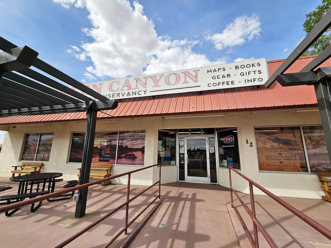 Books, maps, and coffee - the holy trinity of adventure planning, all under one rustic desert roof.