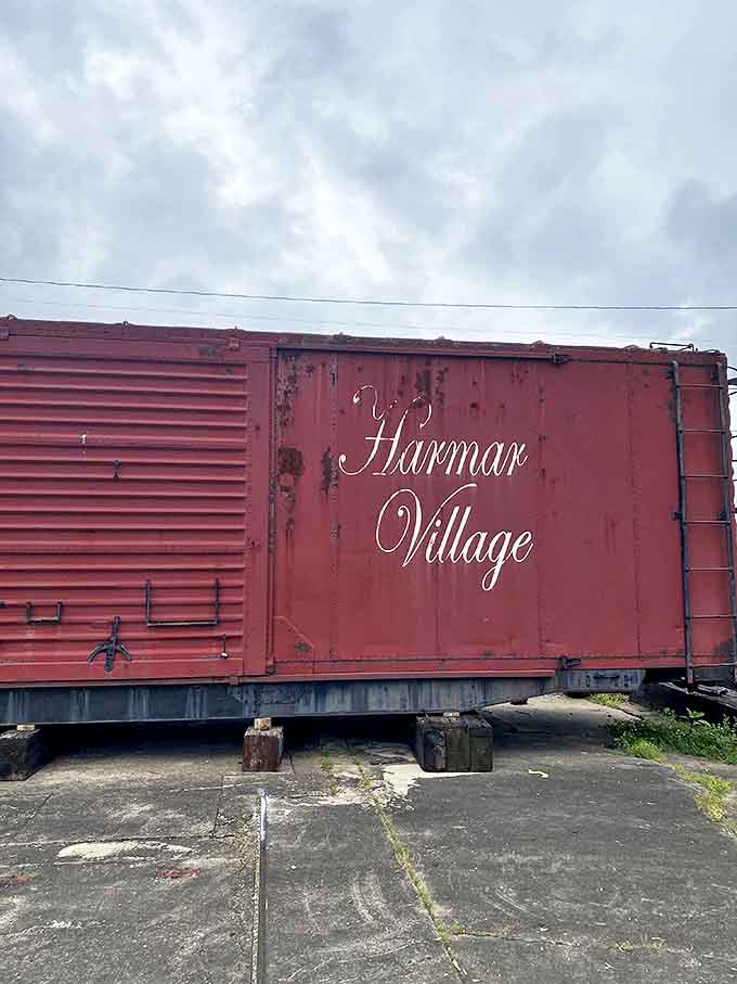 Weathered but proud, this vintage boxcar proudly displays "Harmar Village" like a badge of honor against the Ohio sky.
