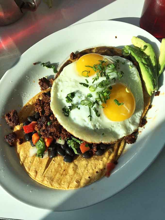 Another angle of breakfast perfection, where black beans meet ranchero sauce and everything comes together in a symphony of morning deliciousness that photographs beautifully.