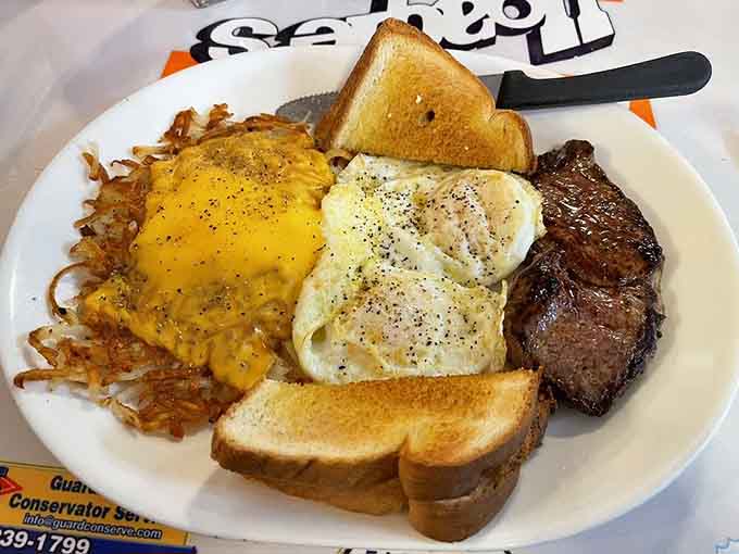 Hash browns, steak, and eggs form the holy trinity of diner breakfasts that fuel entire communities.