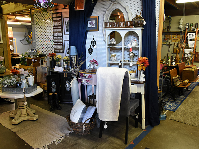 "Just Relax & Soak" advises the sign, surrounded by home goods that transform ordinary spaces into sanctuaries of vintage charm.