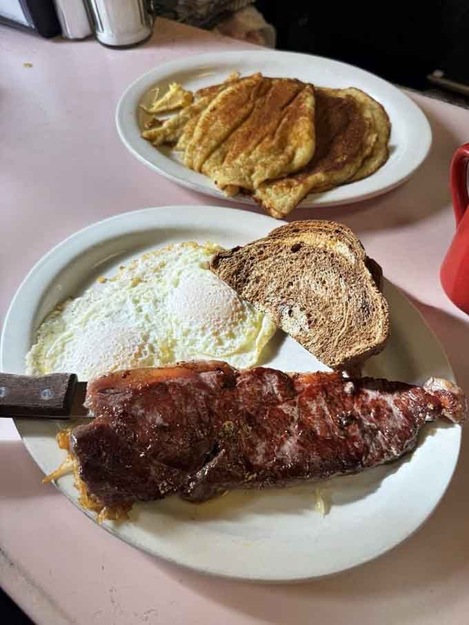 That ball-tip steak, seared to perfection and nestled against eggs and rye toast, proves that simple done right beats complicated done wrong every time.