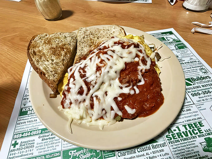 Italian Omelet: This magnificent mess of eggs, marinara and melted cheese looks like something that should require a permit but tastes like a culinary hug.