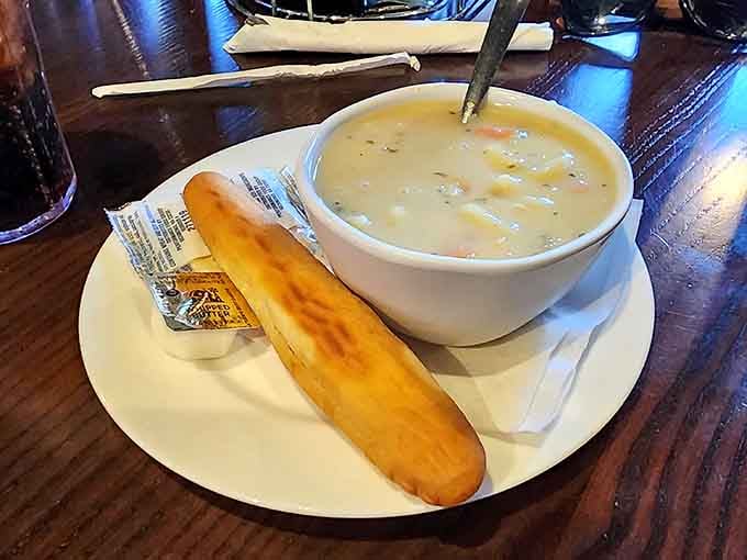 Another angle of that famous soup proves it's not a mirage&mdash;this is the real deal, thick and hearty enough to stand a spoon in.