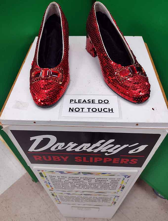 Dorothy's ruby slippers rest on display, the most famous footwear in cinema history, and yes, they're still magical.