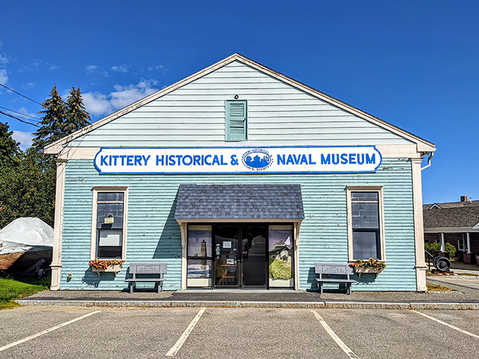 The Kittery Historical & Naval Museum's charming blue exterior houses treasures from Maine's maritime past, no pirate gold but plenty of nautical nostalgia.