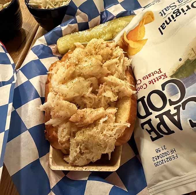 Six glorious ounces of sweet Jonah crab nestled in toasted perfection, proving that sometimes more really is more when done right.