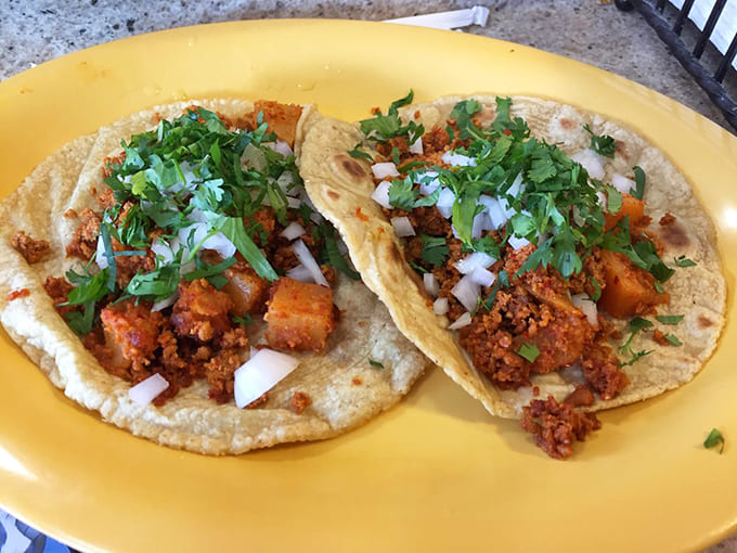 Chorizo and potato tacos proving that breakfast food belongs at every meal, not just morning.