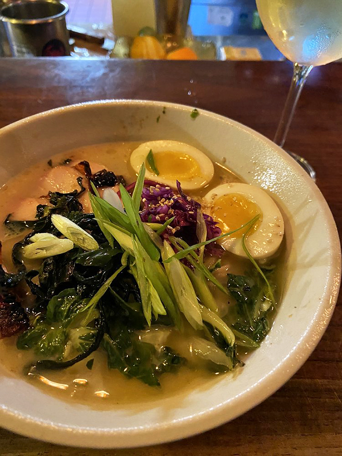 Soft-boiled eggs with that perfect jammy center add rich, silky texture to Tori's classic chicken ramen &ndash; comfort in every spoonful.