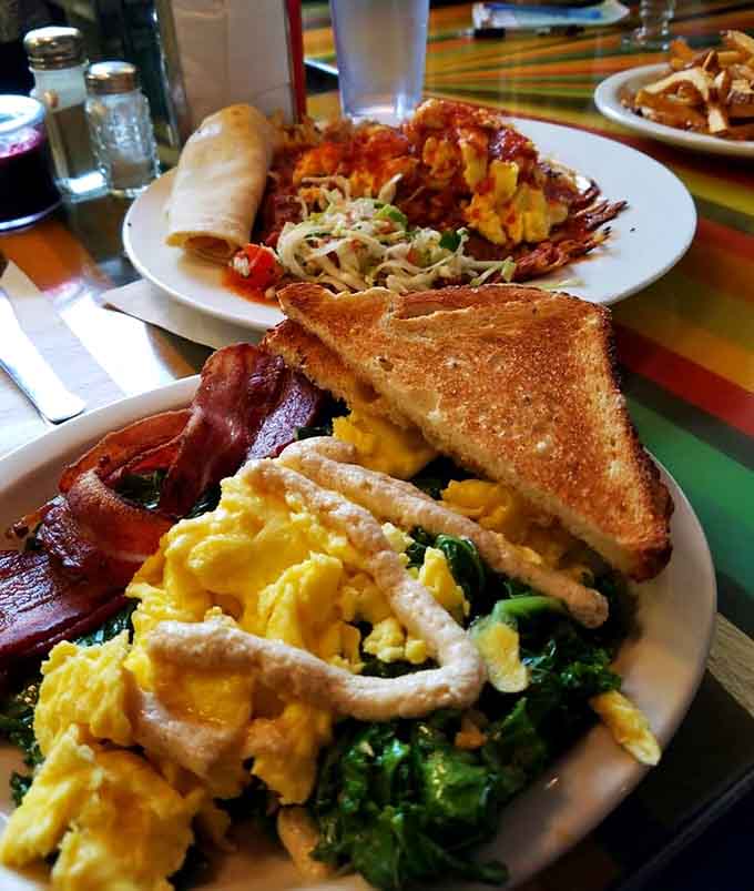 The Evergreen plate and Hashbrown Rancheros demonstrate that breakfast can be both beautiful and filling without compromise.