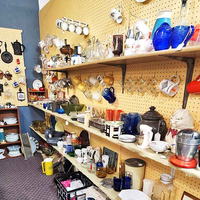 Vintage mugs and kitchenware in colors that defined entire decades, ready to make your morning coffee taste like it did in grandma's kitchen.