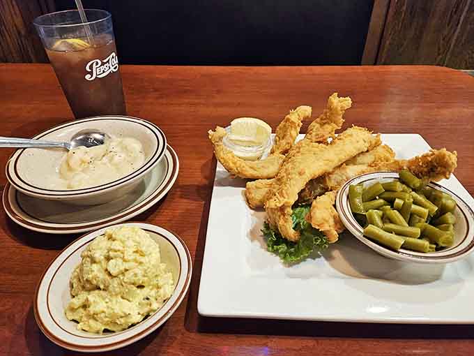 Golden walleye with green beans and sides demonstrates that sometimes the simplest preparations yield the most spectacular results every time.