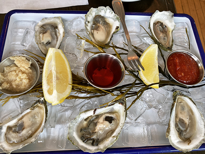 Maine oysters on ice – briny, fresh, and served with all the traditional accompaniments. The ocean-to-plate journey measured in mere hours.