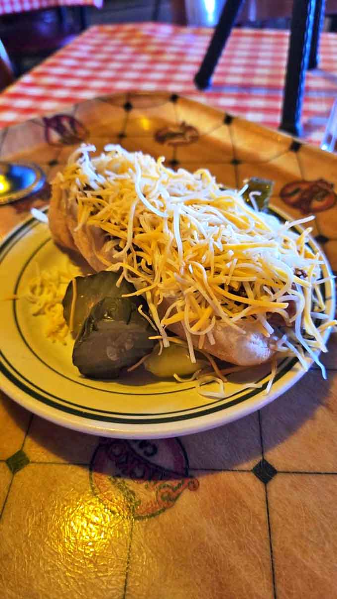 Simplicity perfected: The original hot dog comes dressed with mustard, onions, and that legendary sauce that's been converting fast food skeptics since FDR was president.