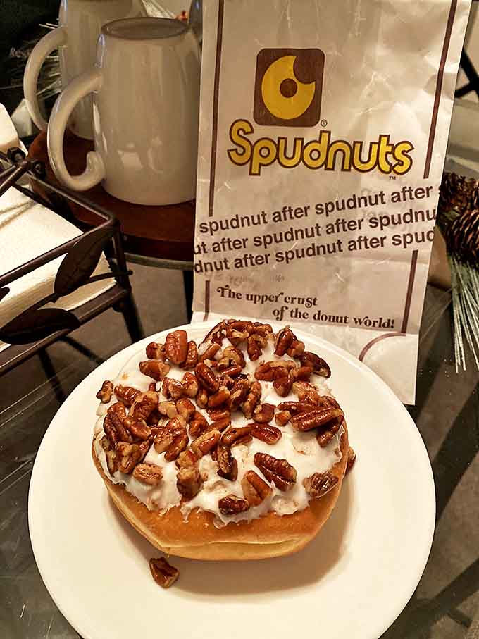 Pecan Donut: Southern comfort in circular form, with crunchy pecans nestled in creamy frosting atop that signature potato-flour base.