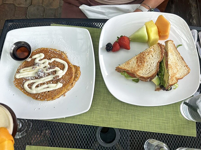 The perfect pairing: heavenly pumpkin pancakes alongside a BLTA sandwich that elevates the humble lunch classic.