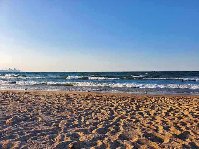 Golden hour hits different when you're standing on sand that feels like you've teleported to an ocean beach without leaving Illinois.