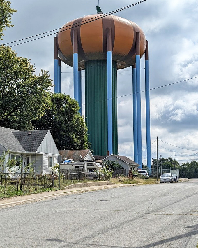 From this angle, the pumpkin appears to be watching over the town like some benevolent gourd guardian.