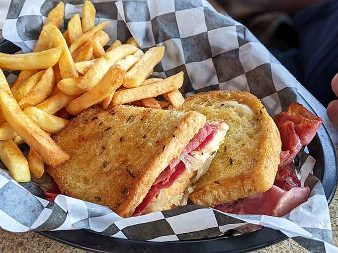 This Reuben is piled so high with corned beef, you'll need an engineering degree to eat it gracefully.