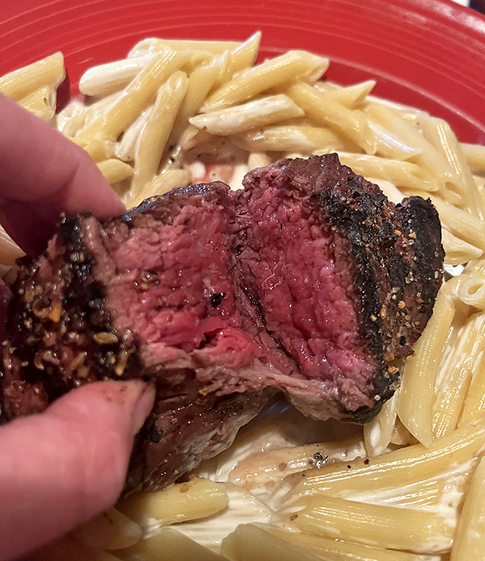 When pasta meets premium beef, magic happens. The creamy sauce provides the perfect backdrop for the star of the show.